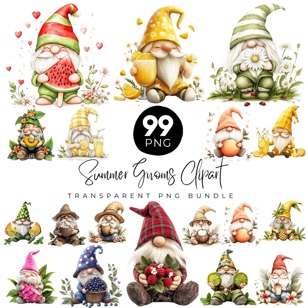 99 Summer Gnome Clipart PNG Bundle, Cute Garden Gnomes With Flowers ...