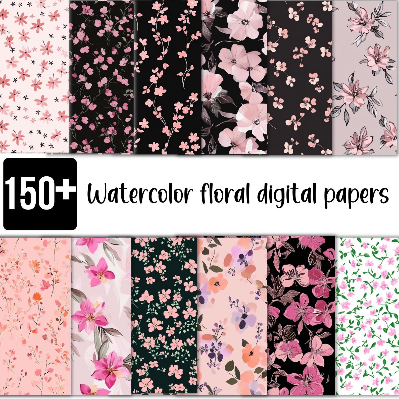 150+ Watercolor Floral Digital Paper Bundle, Seamless Flower Patterns ...