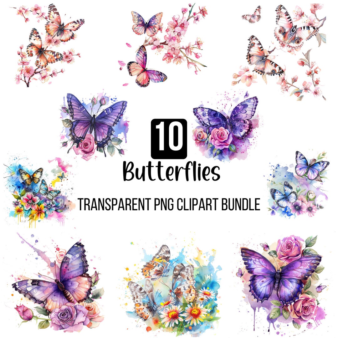 Butterfly Floral Clipart Png Bundle, Colorful Watercooler Butterflies ...