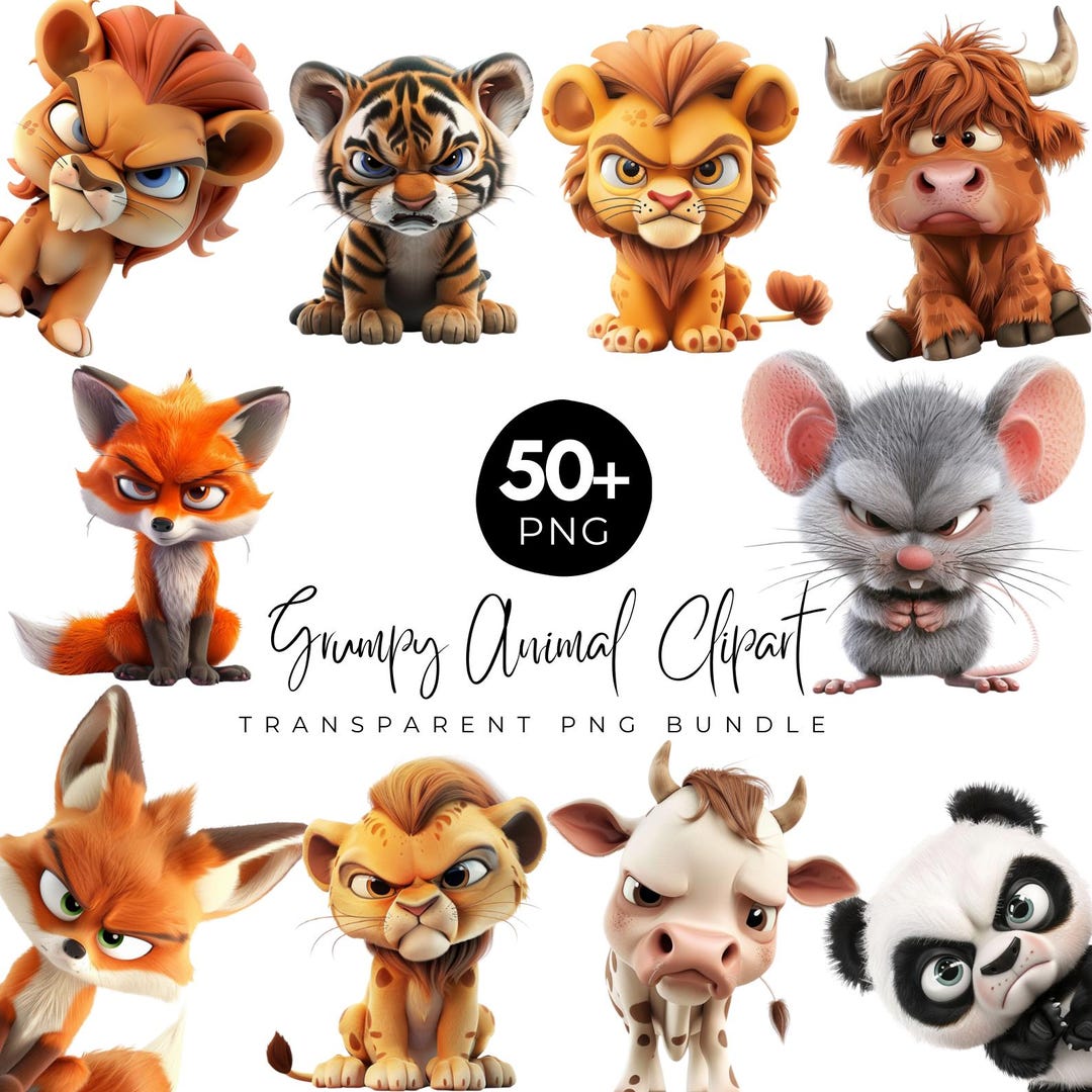 Funny Grumpy Animals Clipart Bundle, Grumpy Animals Png, Funny Cow Lion ...