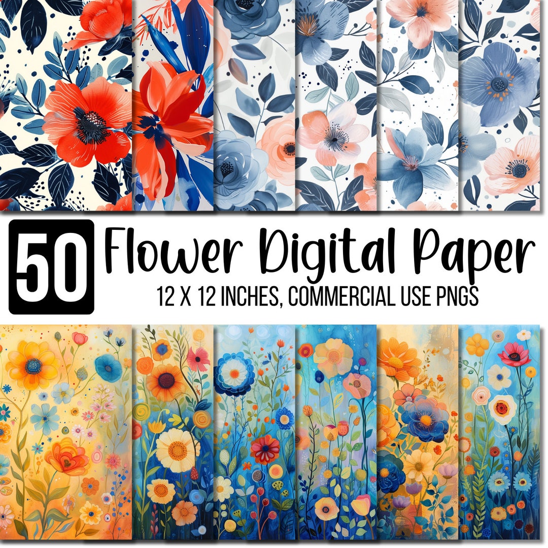 50 Flowers Digital Paper Bundle, Watercolor Flower Backgrounds ...