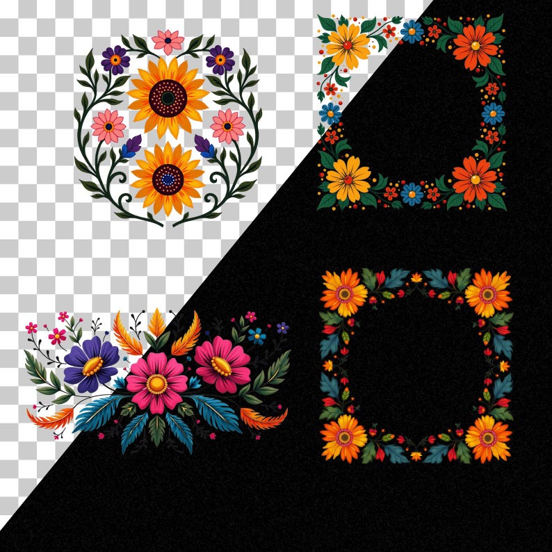 Mexican Fiesta Flowers Clipart, Vibrant Otomi Floral PNG, Cinco De Mayo ...