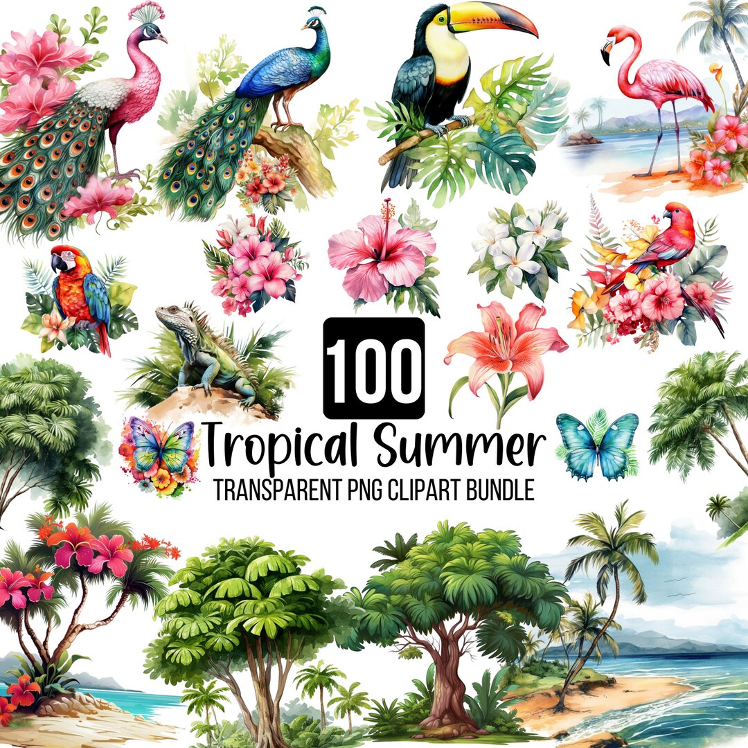 100 Tropical Clipart Bundle, Tropical Summer Watercolor Clipart PNG ...