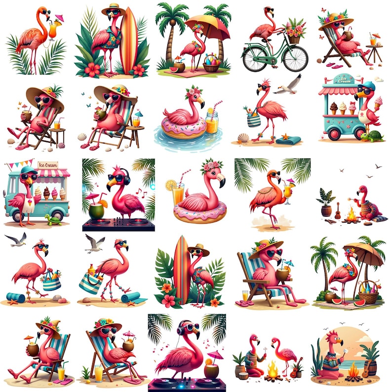 31 Flamingo Clipart PNG Bundle, Tropical Watercolor and Cartoon ...