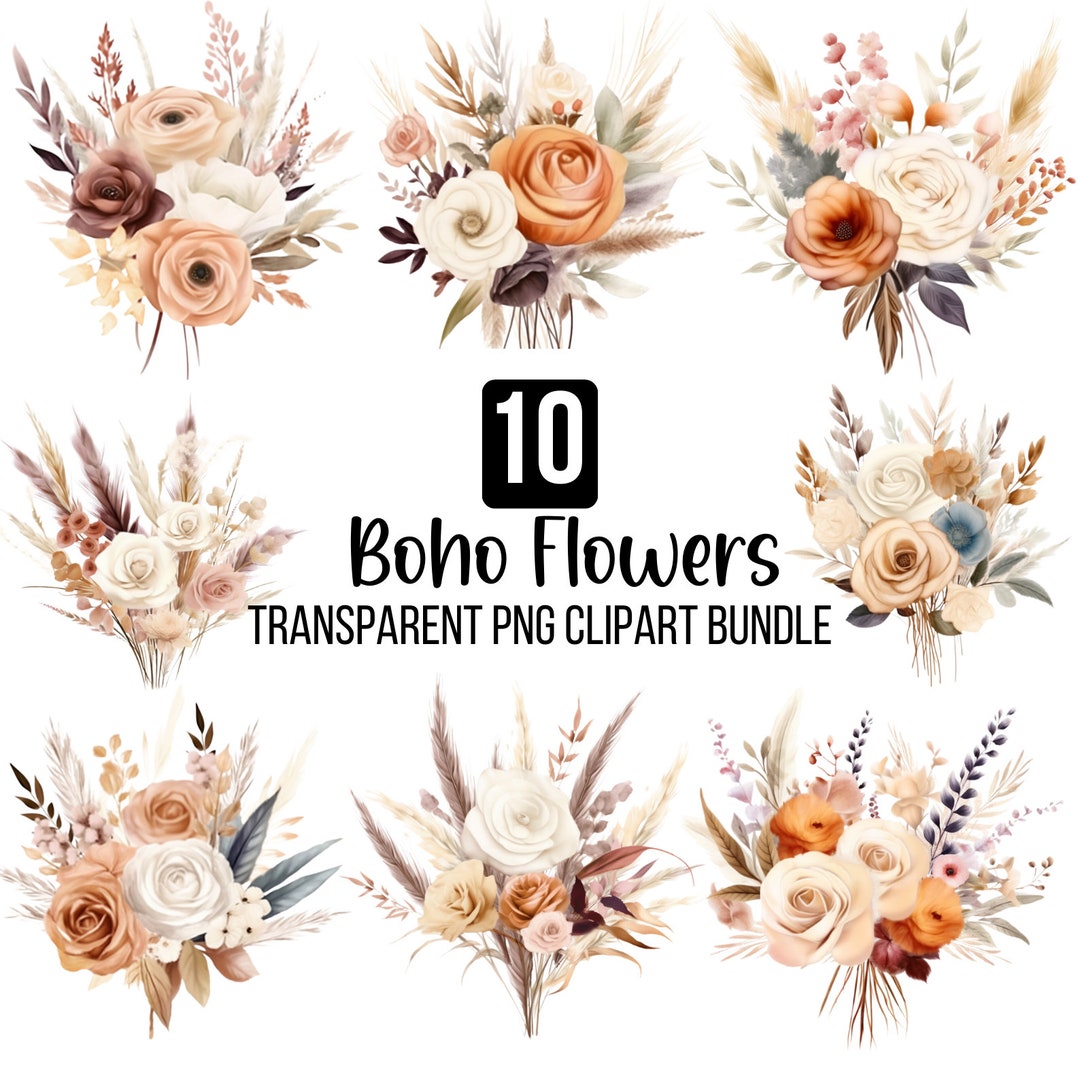 Watercolor Boho Flowers Clipart Png, Bohemian Clipart Bundle, Boho ...