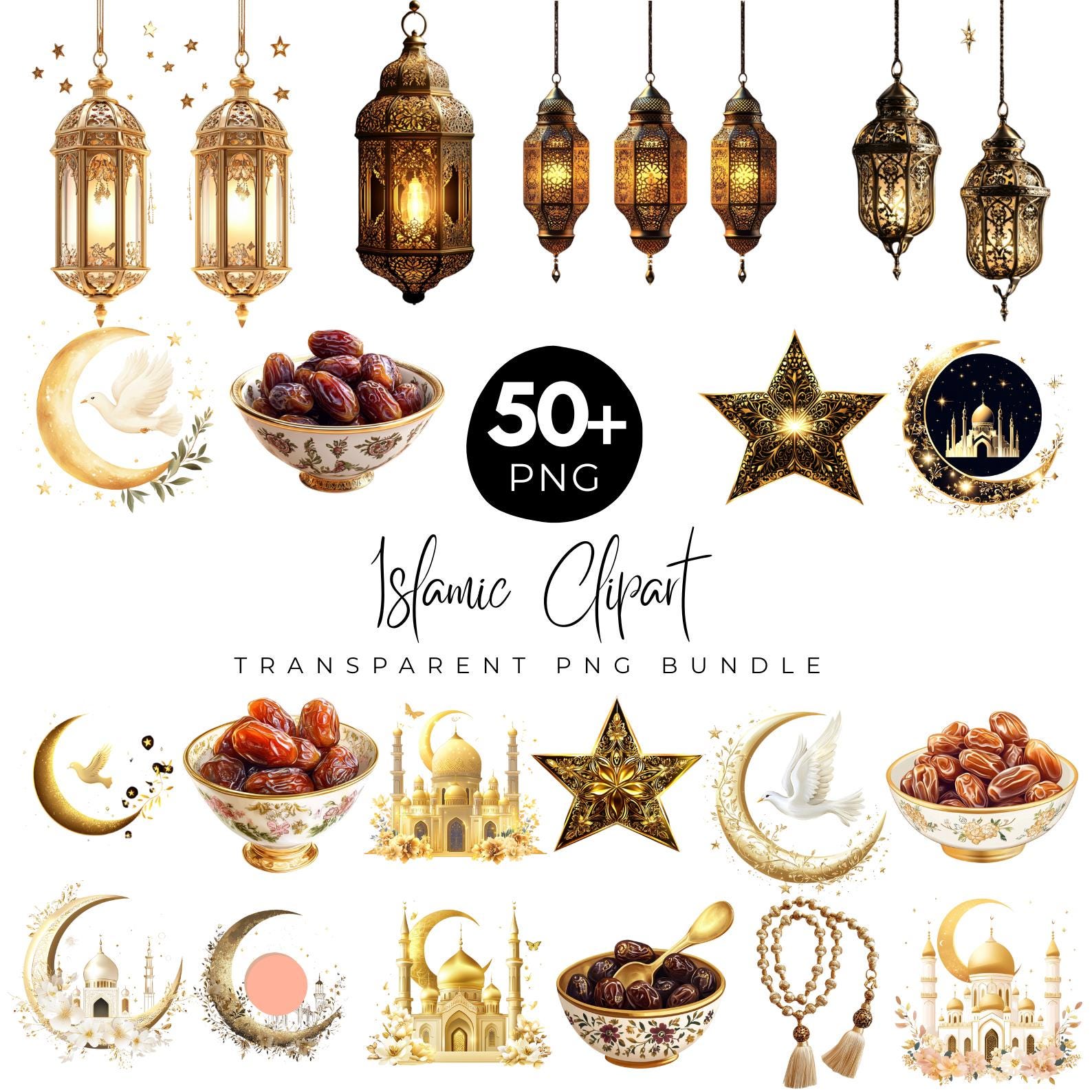 50+ Islamic Clipart PNG Bundle, Ramadan Lanterns, Moon and Stars ...