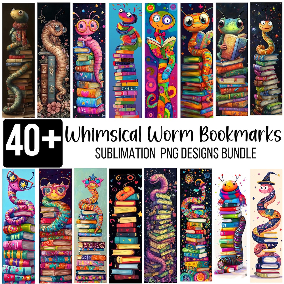 50+ Whimsical Worm Bookmarks Bundle, Printable Bookmarks PNG, Bookmark ...