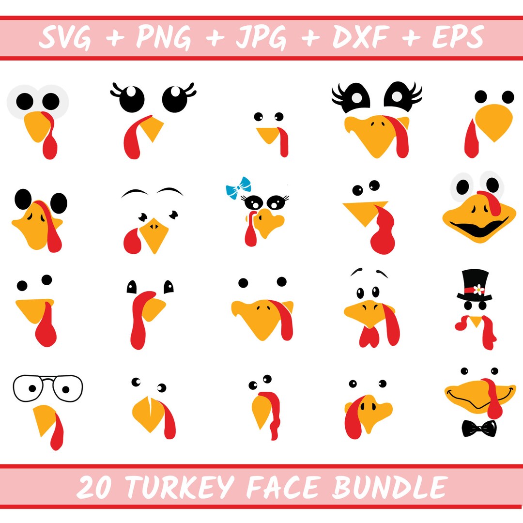 Thanksgiving Turkey Svg Bundle, Turkey Face Svg, Cute Turkey Svg, Happy ...