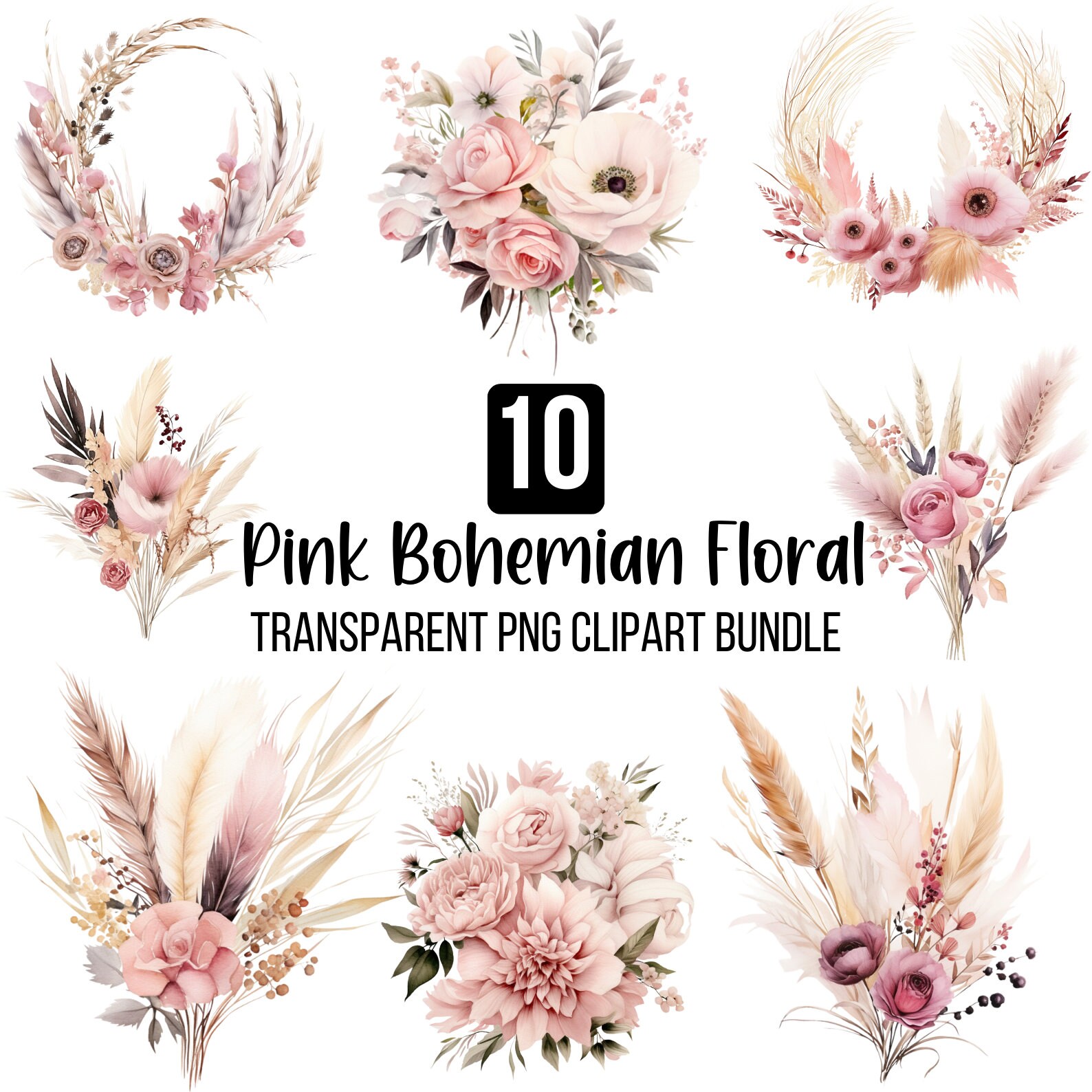 Pink Bohemian Floral Clipart Png, Bohemian Clipart, Floral Watercolor ...
