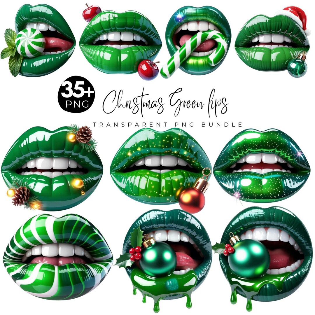 Green Christmas Lips Clipart, Glossy Dripping Lips PNG, Festive ...