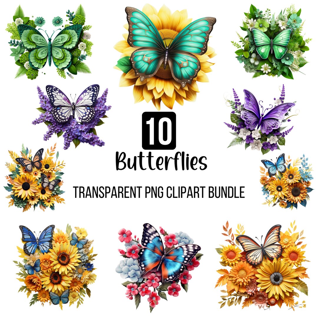 Butterfly Floral Clipart Png Bundle, 3D Floral Butterflies, Watercolor ...