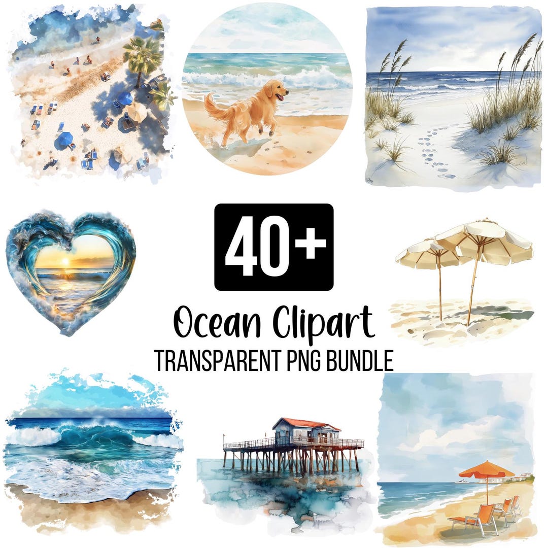 40+ Watercolor Ocean Clipart Bundle, Beach Waves, Watercolor Ocean Art ...