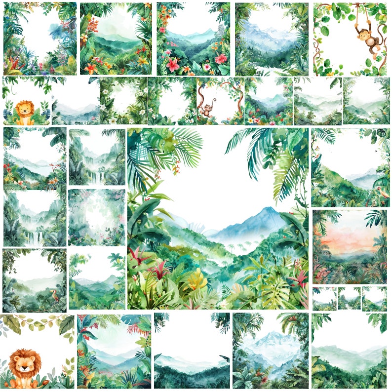 Watercolor Jungle Clipart PNG Bundle, Watercolor Jungle Printable Paper ...