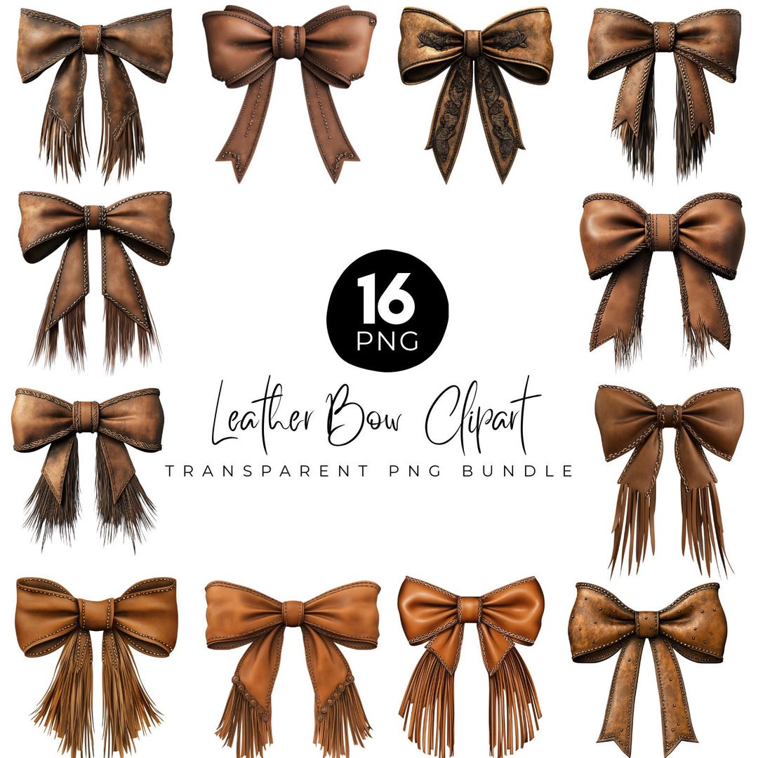 16 Leather Bow PNG Bundle, Western Bow Clipart, Rustic Leather Bows ...