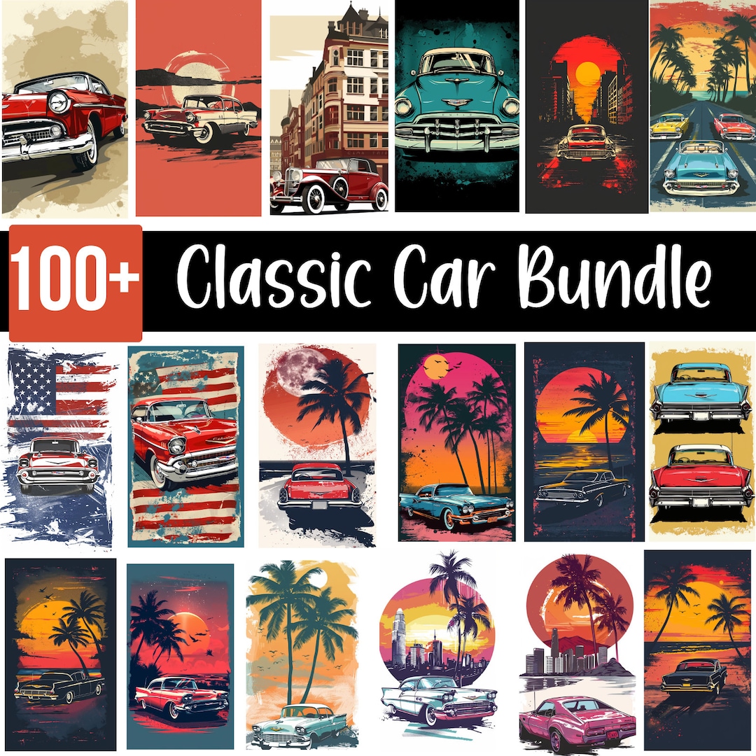 100+ Classic Cars Bundle, Vintage Car Clipart, Classic Vehicles Clipart Bundle, Retro Car ...