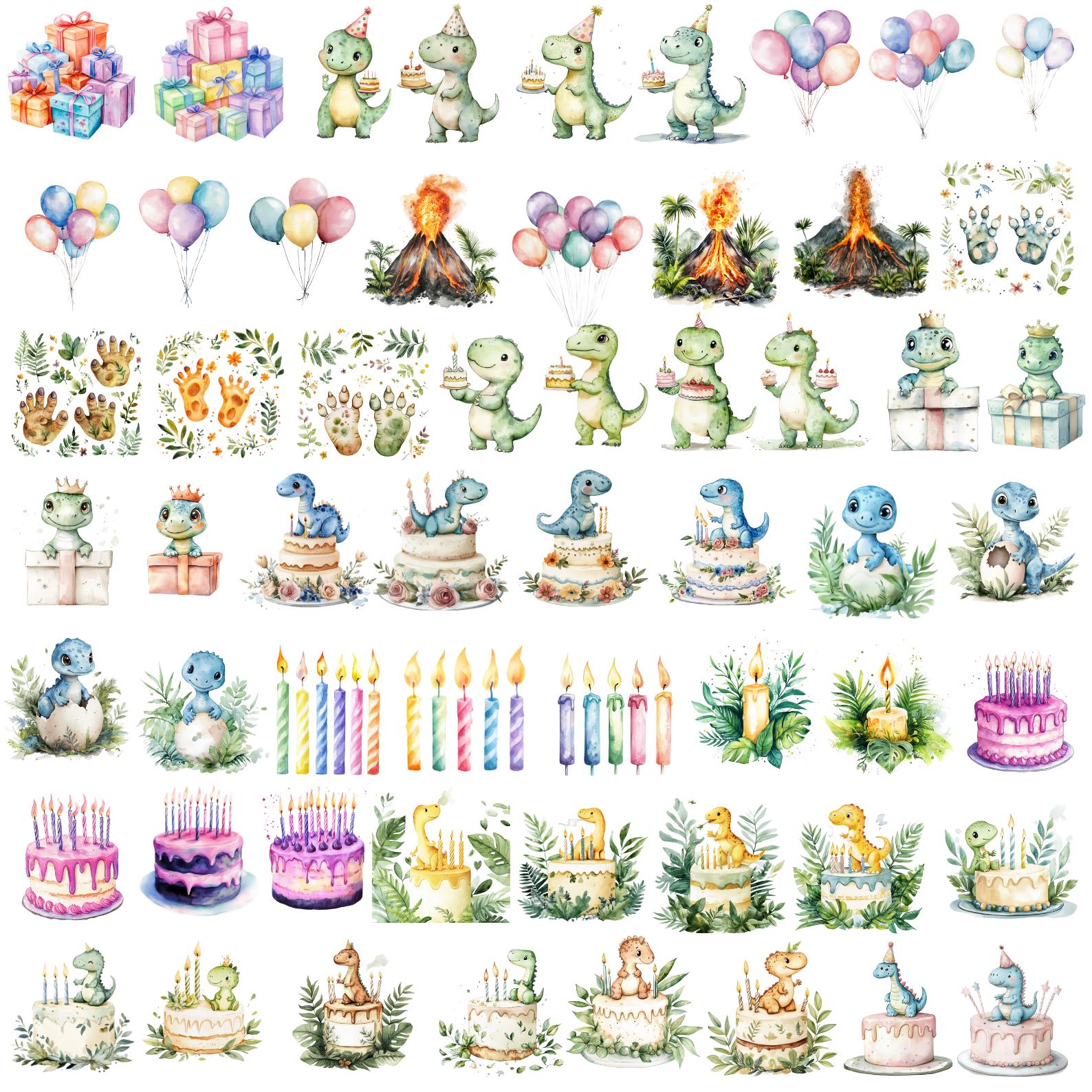 250+ Dino Birthday Clipart Bundle, Cute Dinosaur Party PNG, Watercolor ...