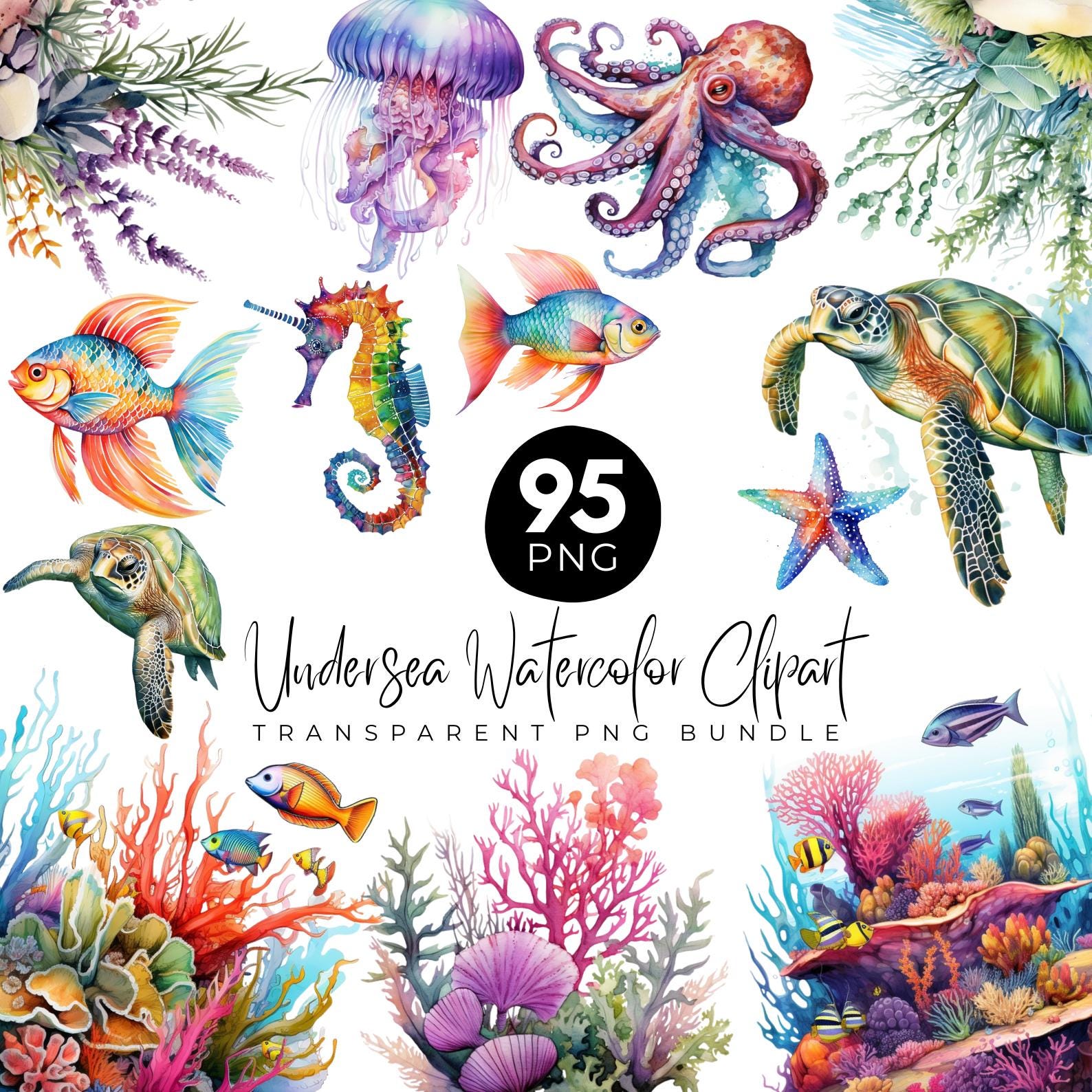 95 Sea Animals Clipart Bundle, Undersea Watercolor Clipart Png, Cute ...