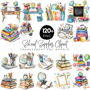 120+ School Supplies Clipart, Watercolor Classroom PNG, Back to School ...