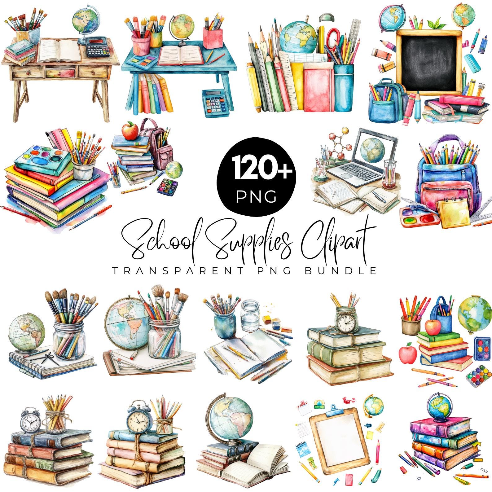 120+ School Supplies Clipart, Watercolor Classroom PNG, Back to School ...