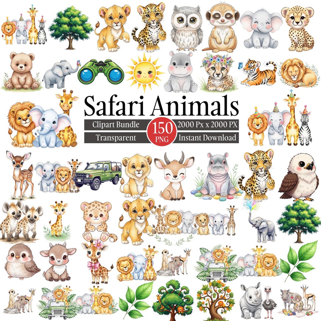 Safari Animals Clipart PNG Bundle , Jungle Animal Illustration, Lion ...