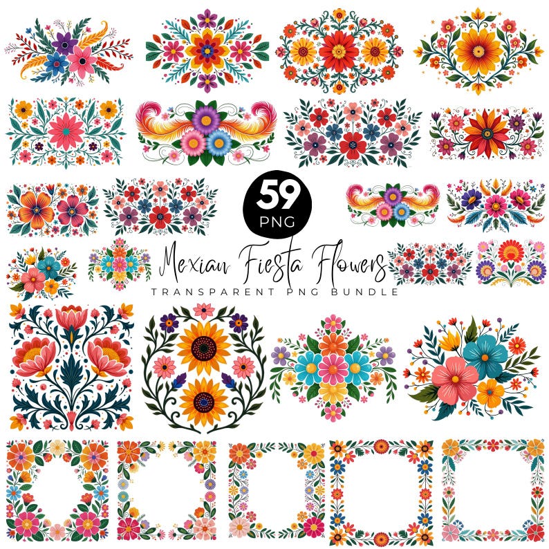 Mexican Fiesta Flowers Clipart, Vibrant Otomi Floral PNG, Cinco De Mayo ...