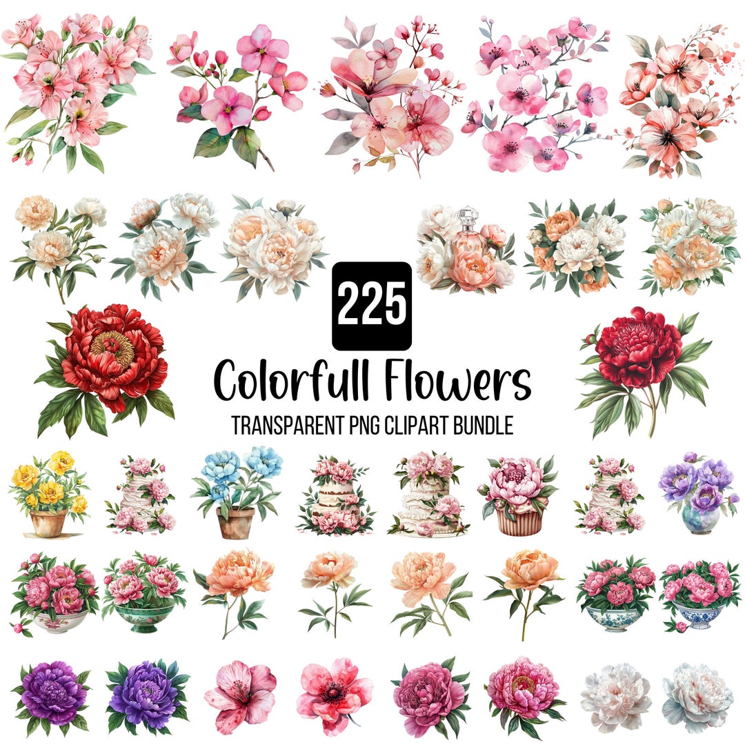 225 Watercolor Floral Clipart Bundle, Pastel Pink Flower PNG, Floral ...