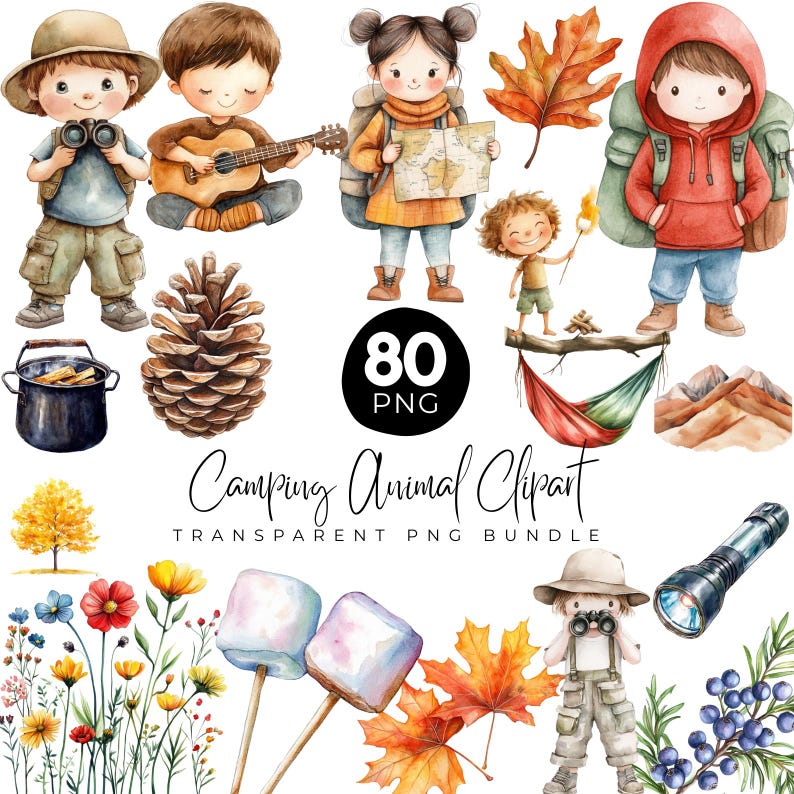 80 Camping Animals PNG Clipart Bundle, Watercolor & Cartoon Forest Bear ...