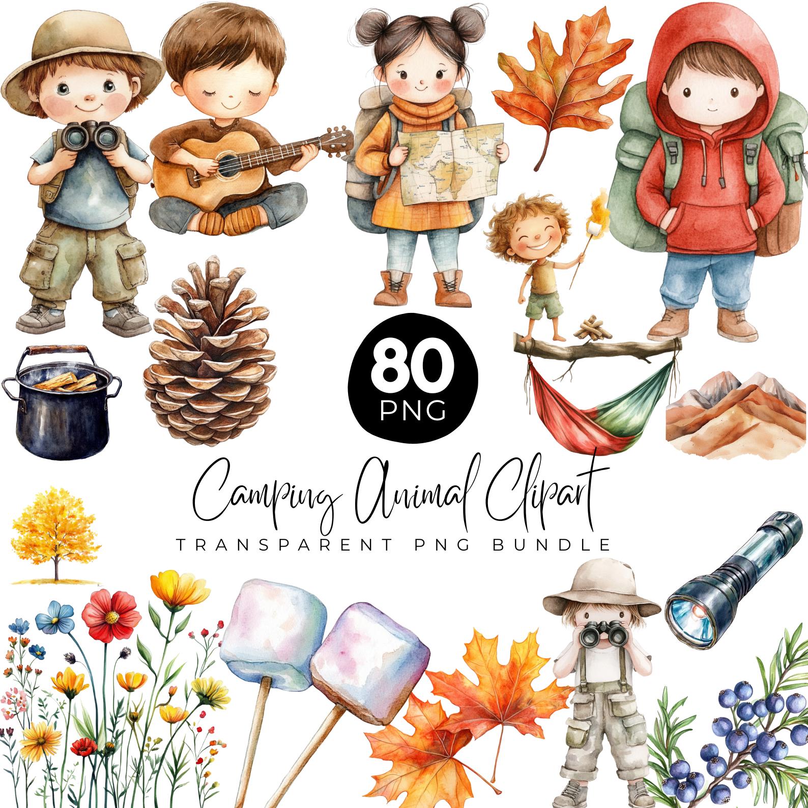 80 Camping Animals PNG Clipart Bundle, Watercolor & Cartoon Forest Bear ...