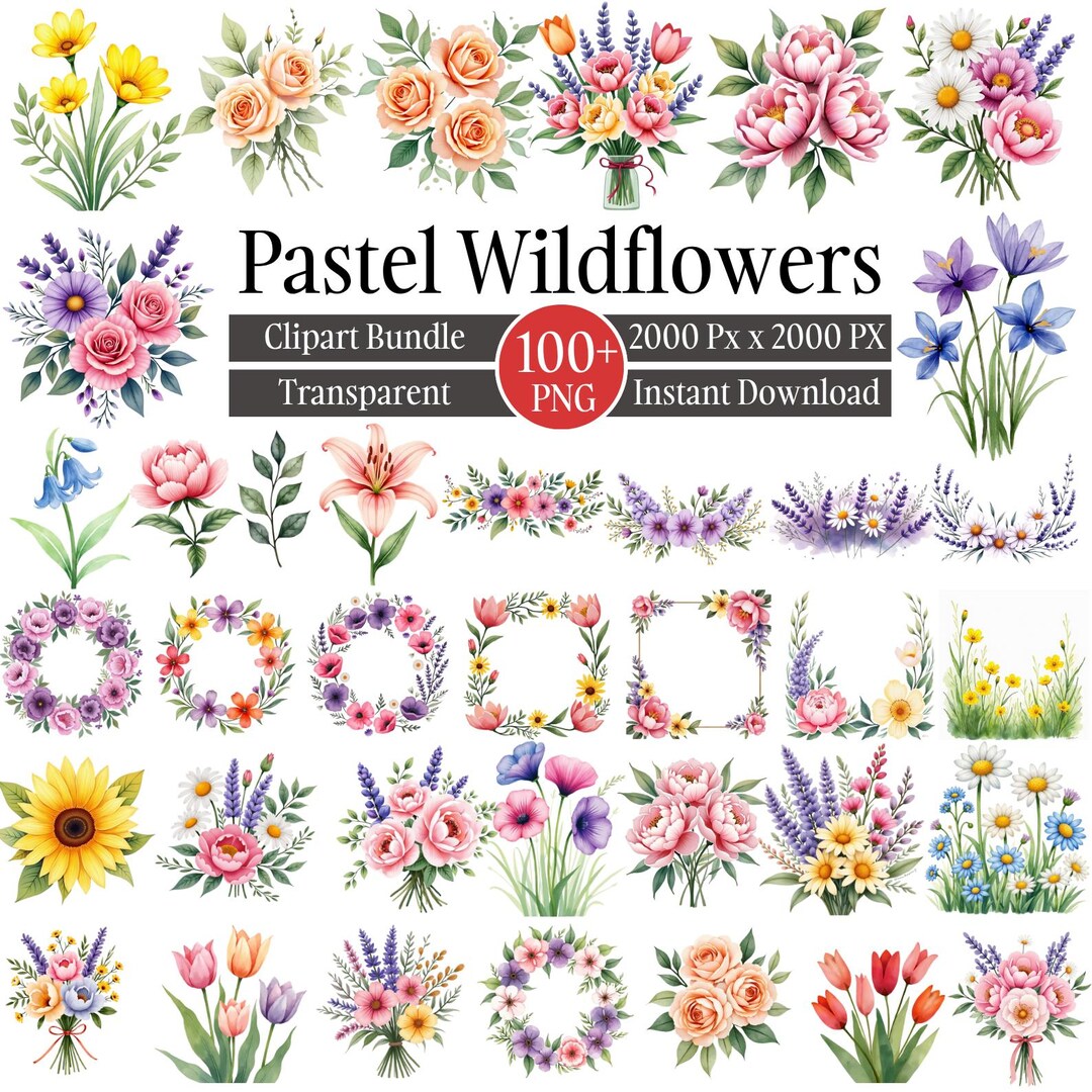 100+ Pastel Wildflowers Clipart Bundle, Watercolor Wildflower Bouquet ...