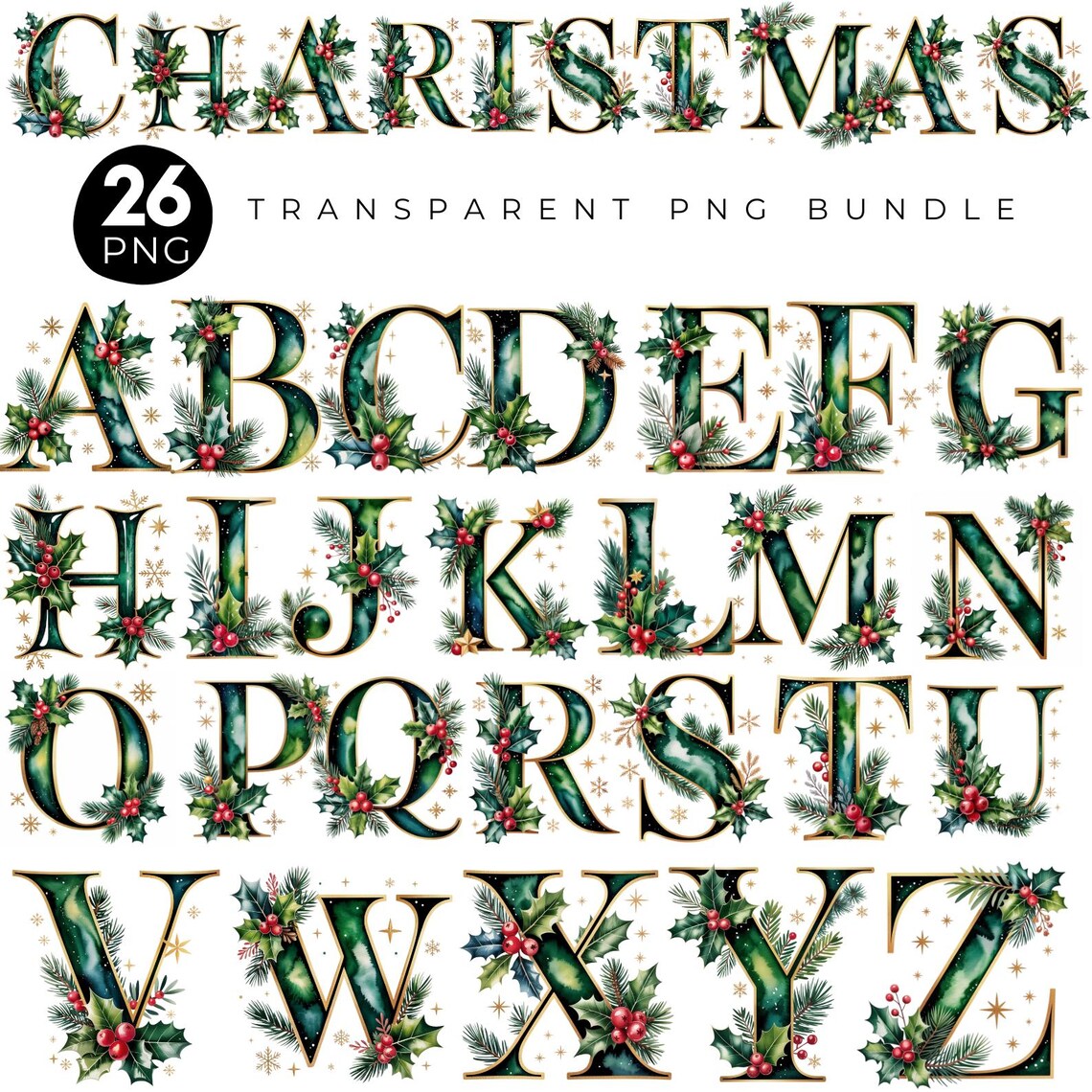 Christmas Alphabet PNG Bundle, Festive Christmas Letters Clipart ...