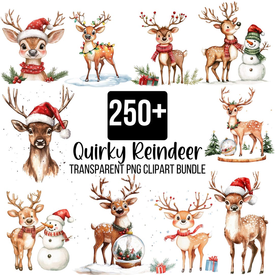 250+ Quirky Reindeer Clipart Bundle, Funny Reindeer PNG, Christmas ...
