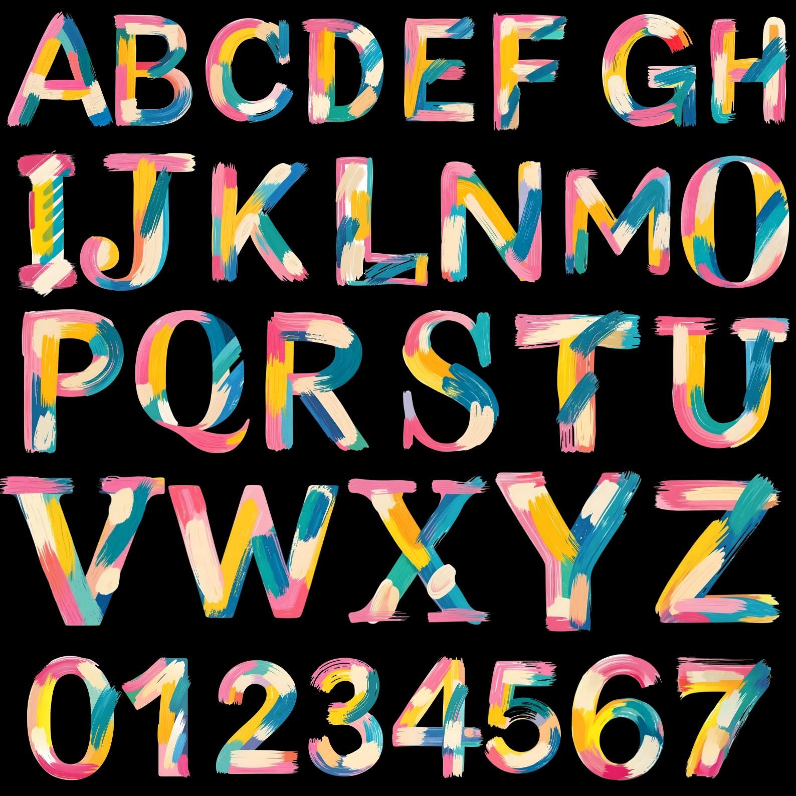 36 Brushstroke Alphabets Png Bundle, Artistic Font Clipart, Multi Color ...