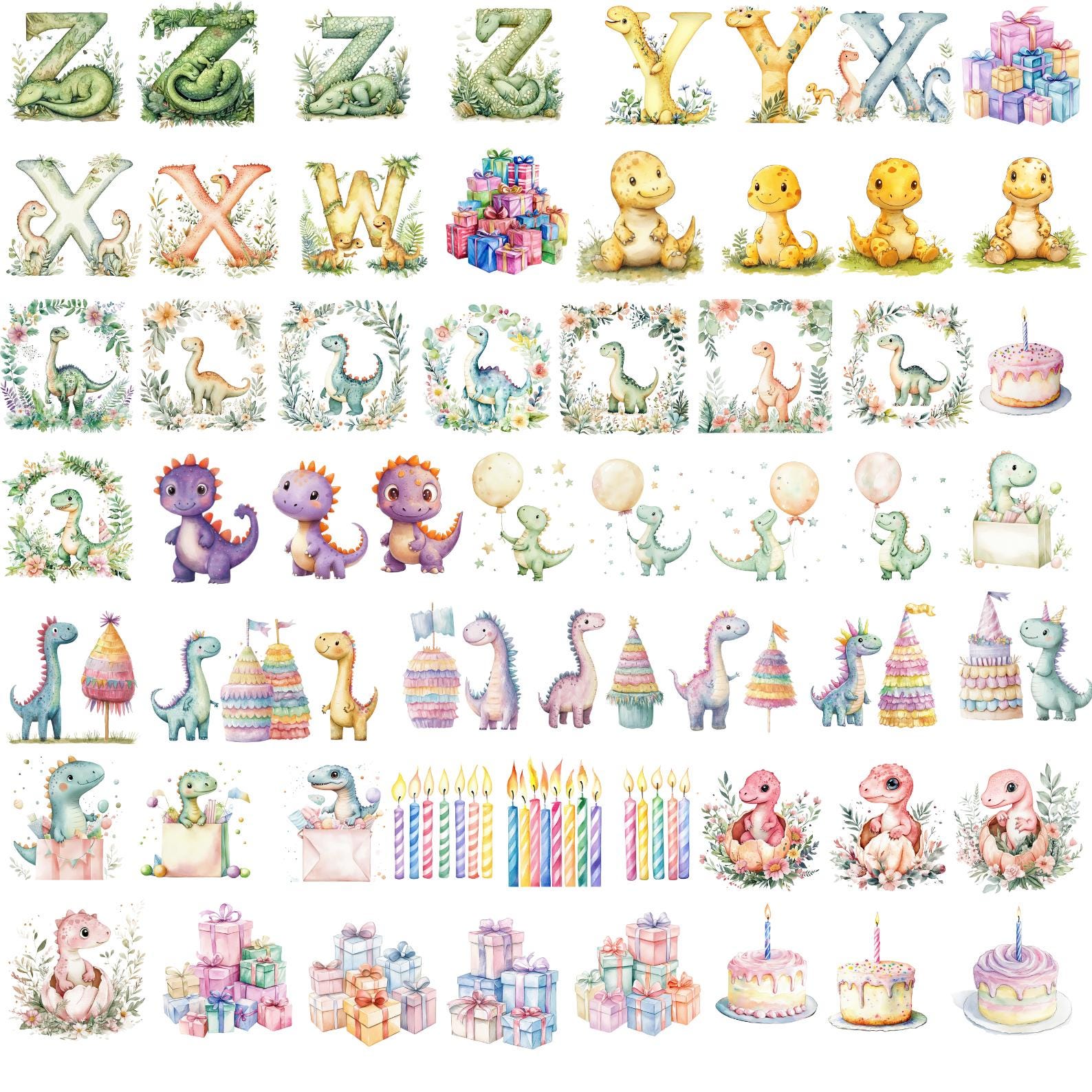 250+ Dino Birthday Clipart Bundle, Cute Dinosaur Party PNG, Watercolor ...