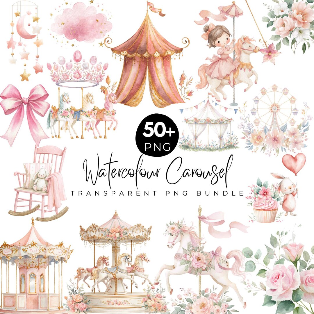 Watercolor Pink Carousel Clipart Bundle, Whimsical Horse Nursery Decor ...