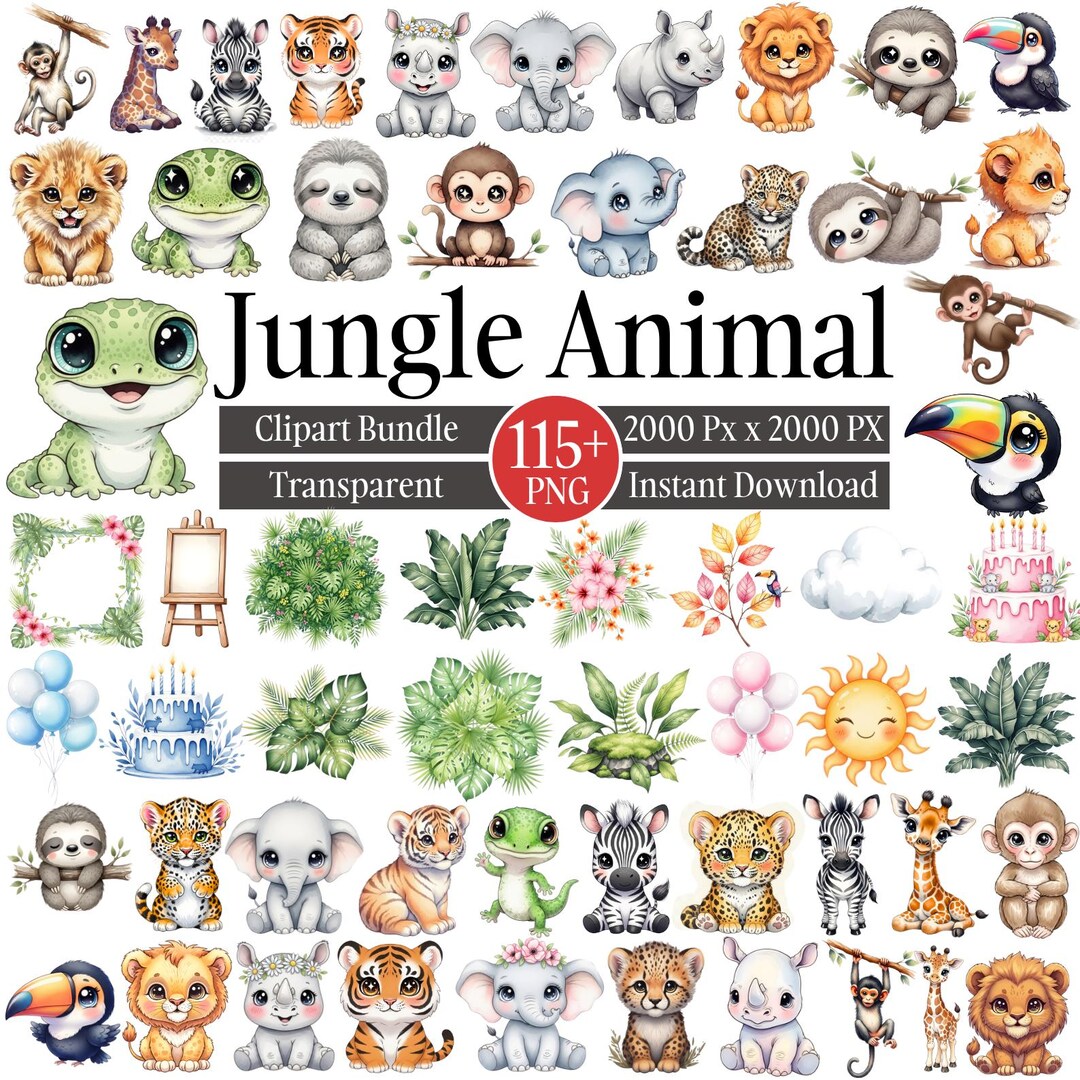 Watercolor Safari Animals Clipart, Cute Jungle Baby Animals PNG, Safari ...