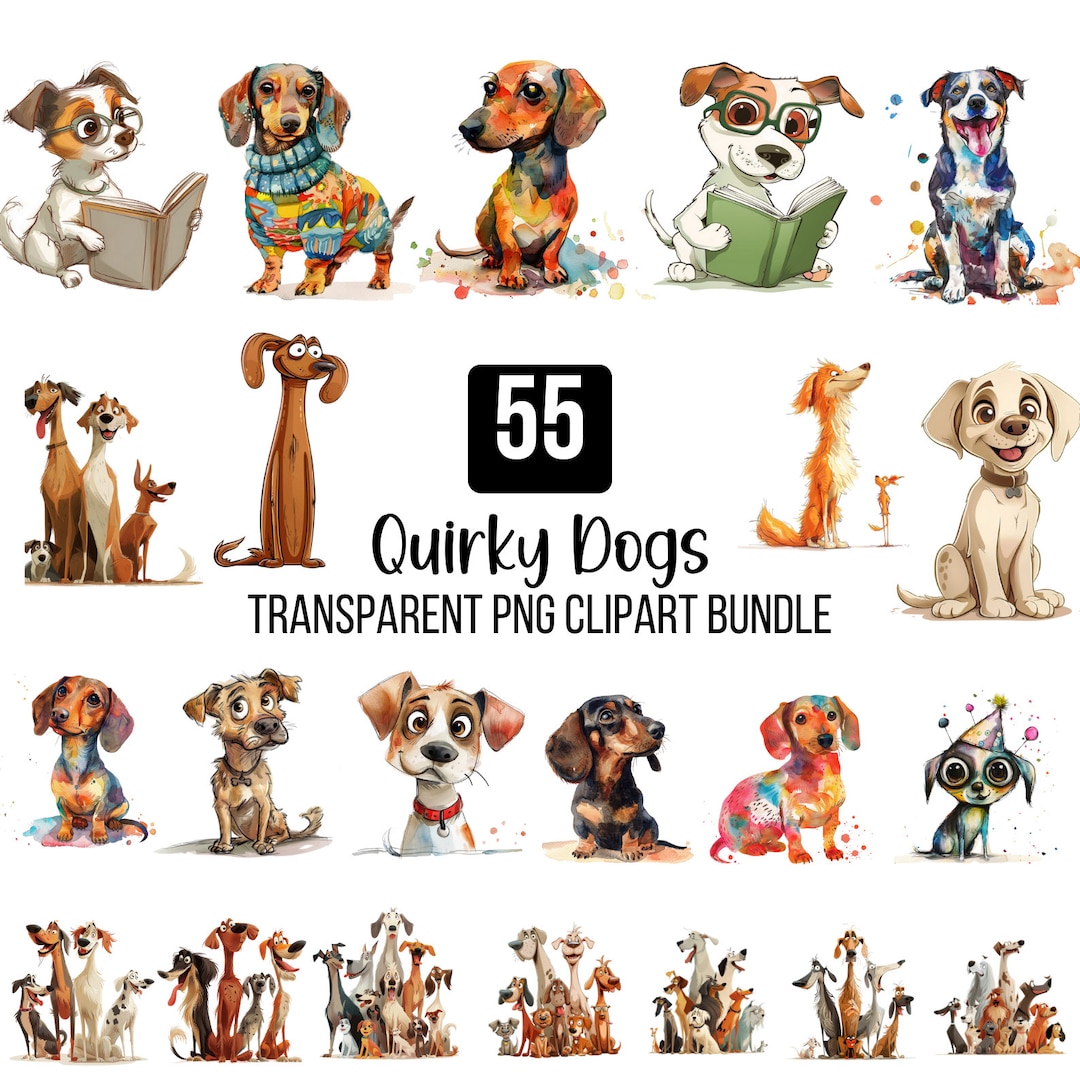 Quirky Dog Clipart Png Bundle, Funny Pets Dog Clipart, Whimsical Dogs ...