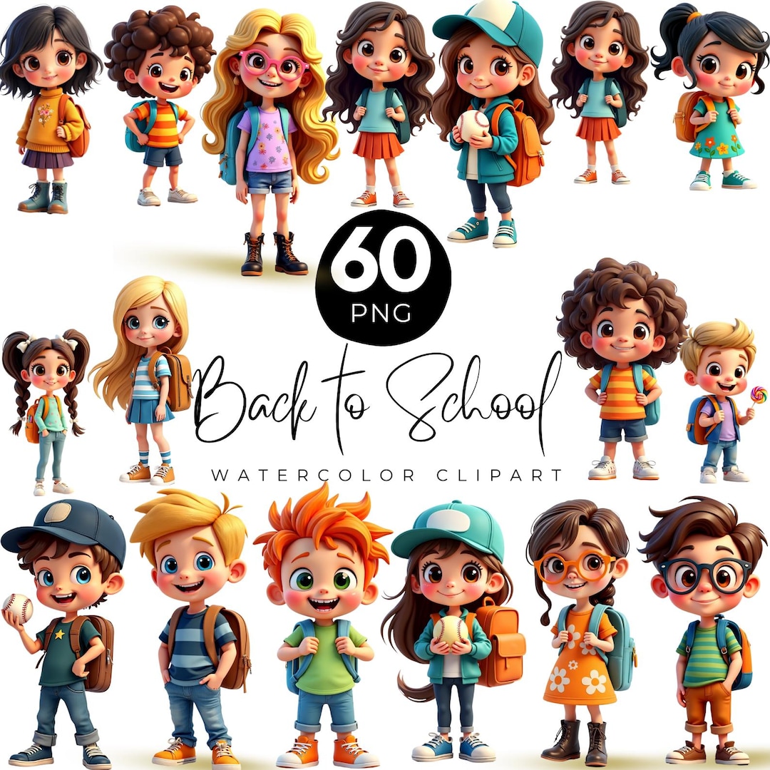 60 Back to School Kids Clipart, Watercolor Student PNG Bundle, School ...