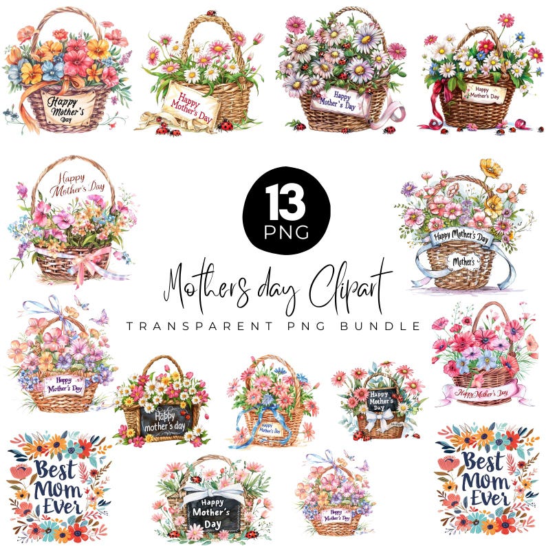 Watercolor Mother Day Clipart PNG, Flower in Basket Designs, Cute ...