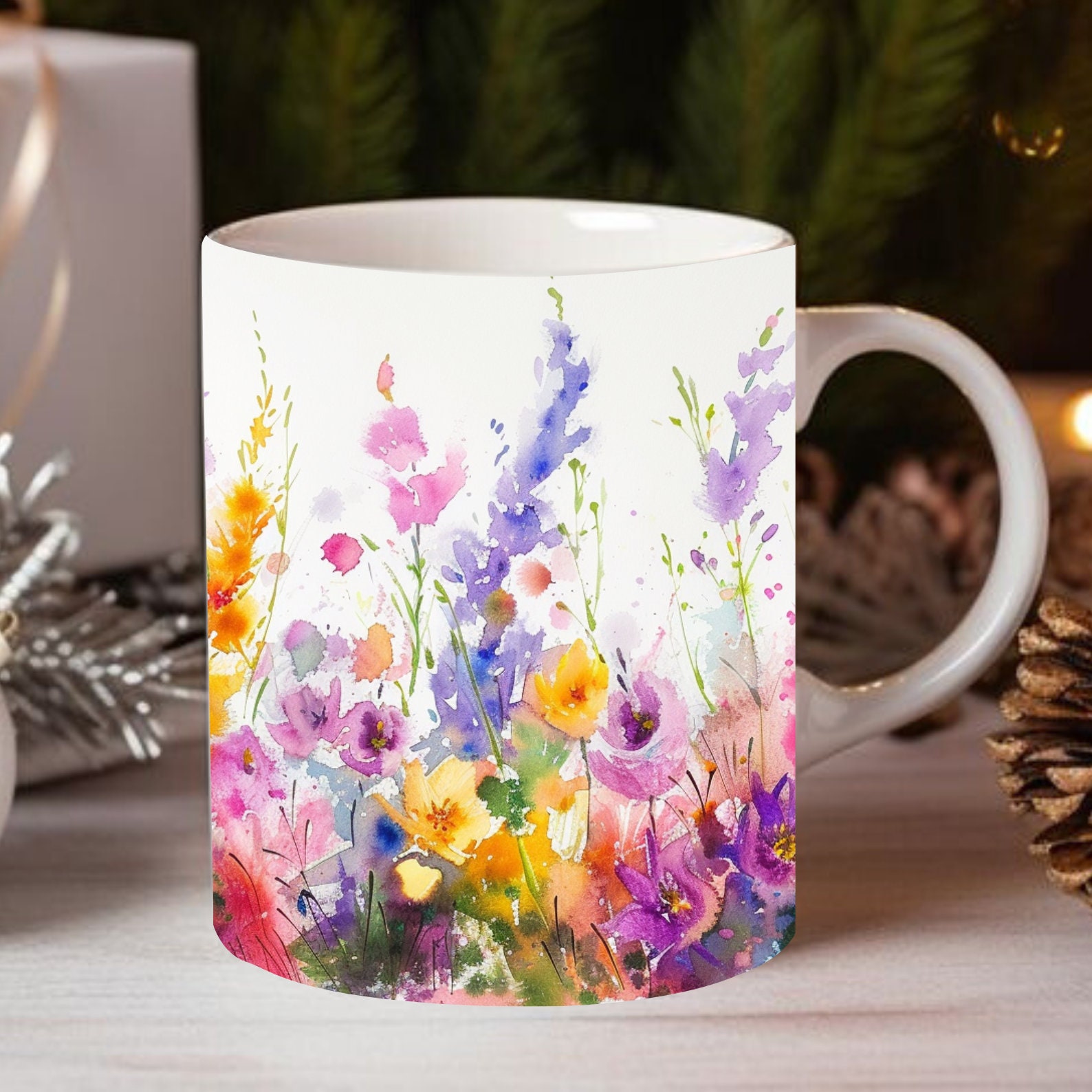 Wildflowers Mug Sublimation Designs, Watercolor Floral 15oz Mug Wraps ...