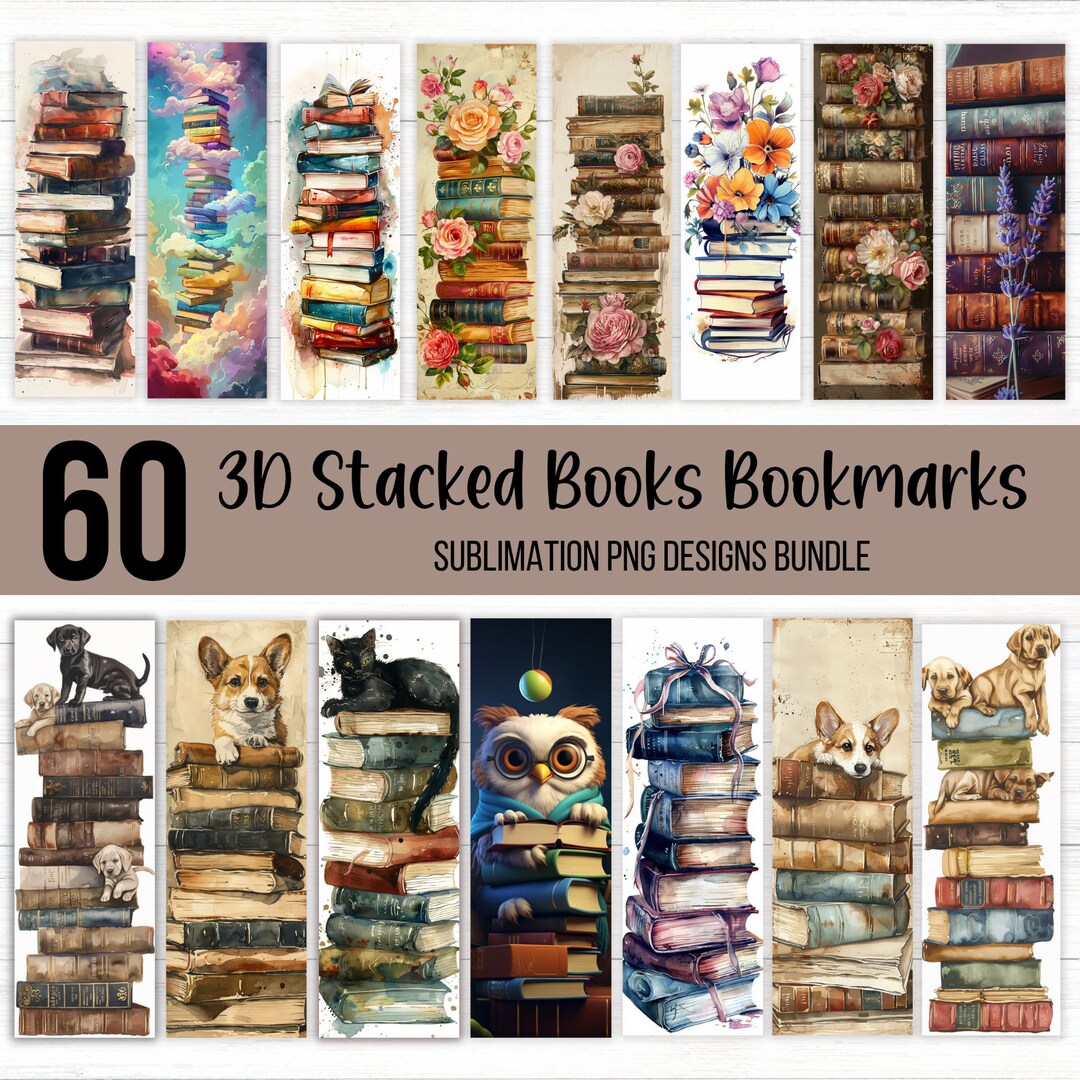 60 Stacked Books Printable Bookmarks, Bookmark Sublimation Designs ...