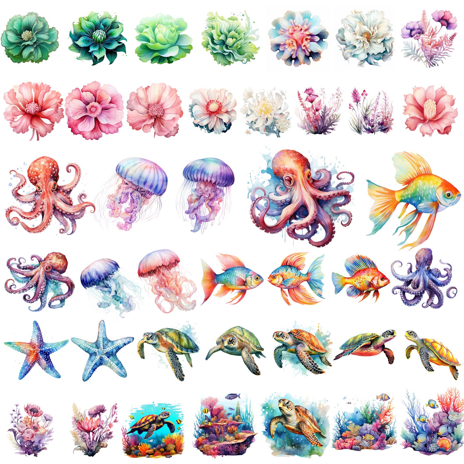 95 Sea Animals Clipart Bundle, Undersea Watercolor Clipart Png, Cute ...