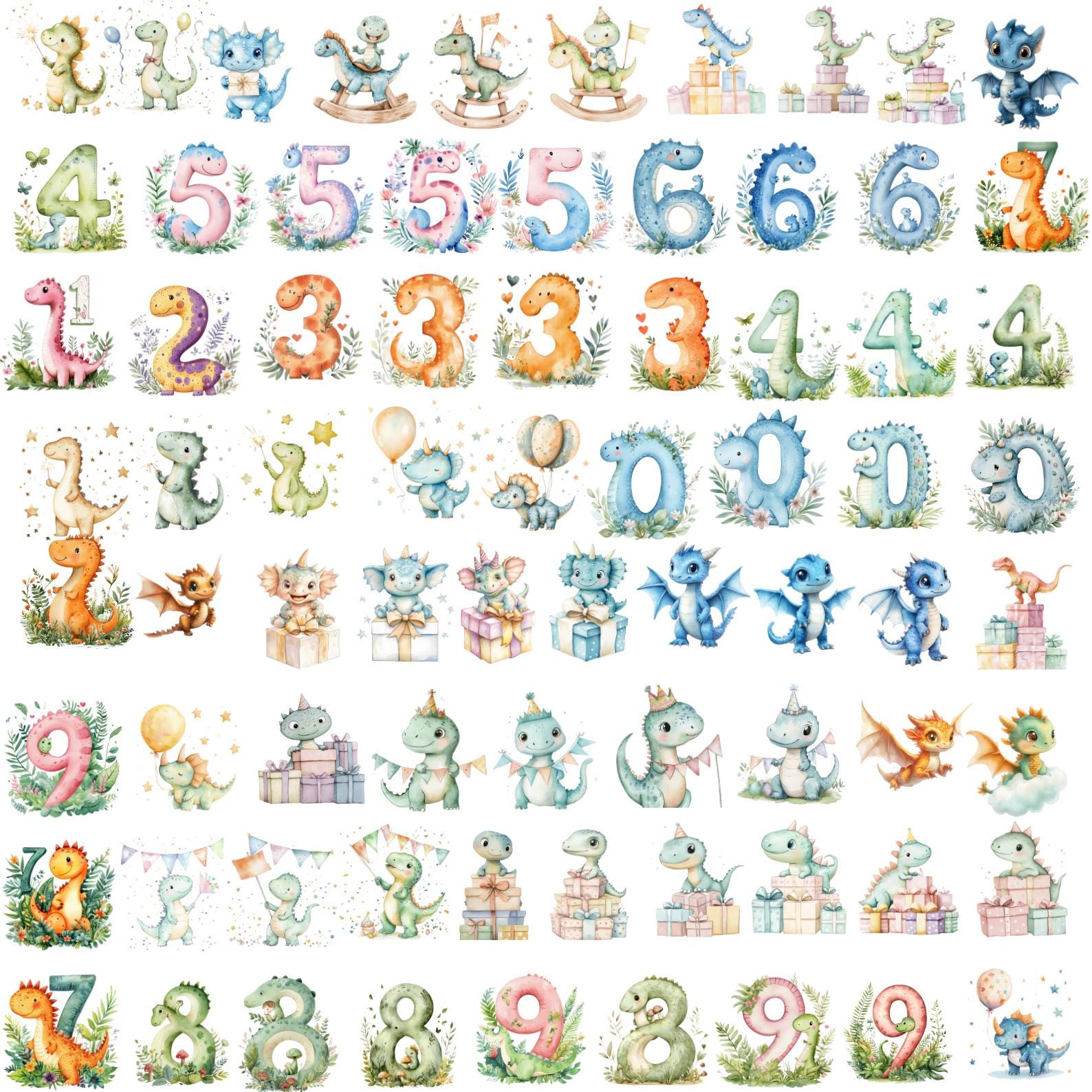 250+ Dino Birthday Clipart Bundle, Cute Dinosaur Party PNG, Watercolor ...
