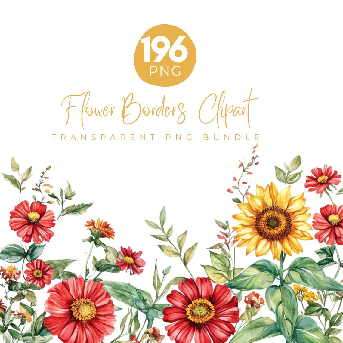 196 Flowers Border Clipart Bundle, Watercolor Flower Png, Boho Floral ...