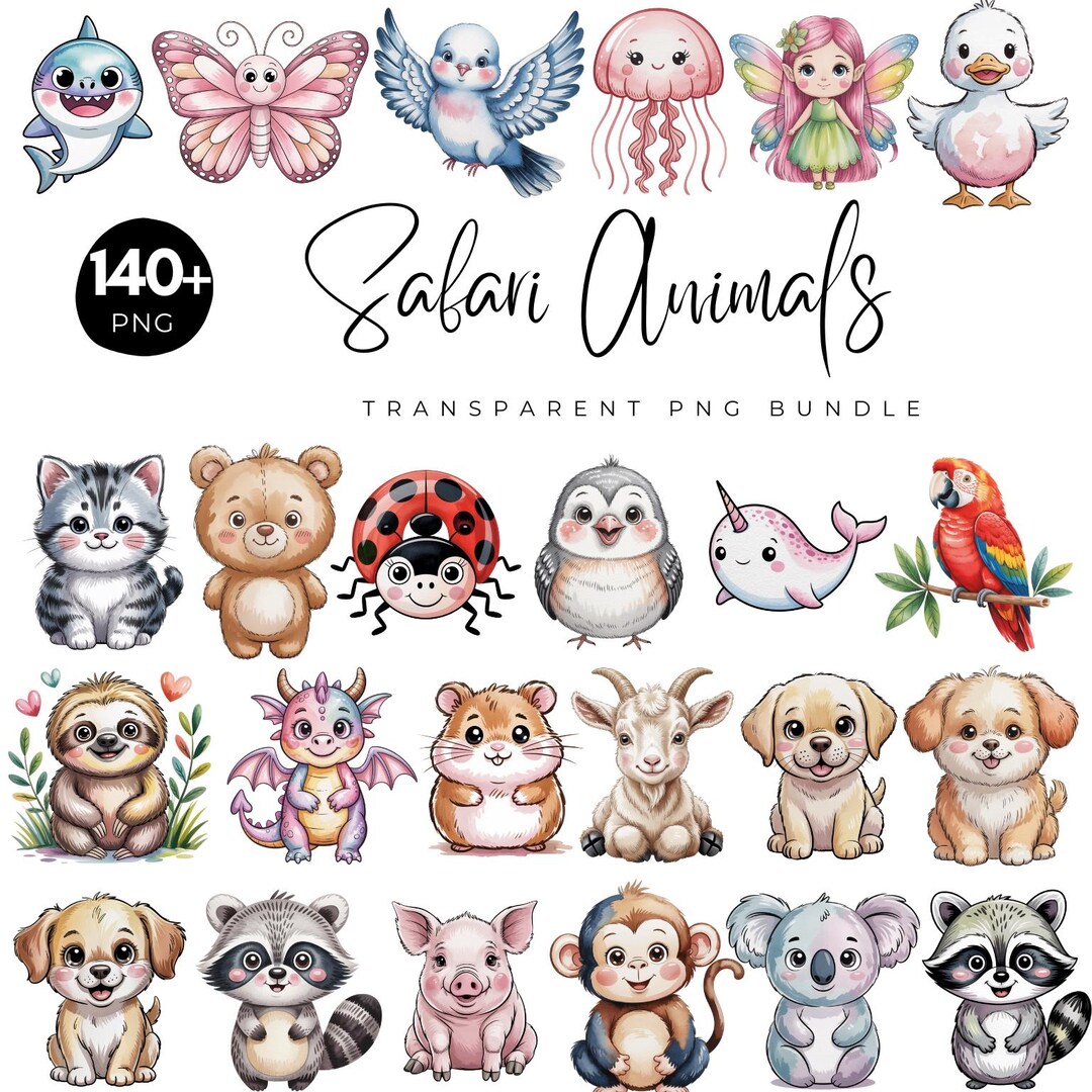 140+ Cute Animals Clipart Bundle, Watercolor Cute Animal PNG, Nursery ...