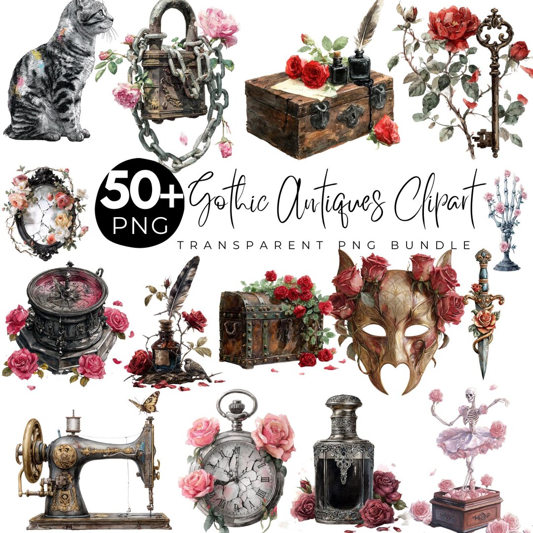 Gothic Antiques Clipart Bundle, Dark Vintage PNG, Spooky Antique ...
