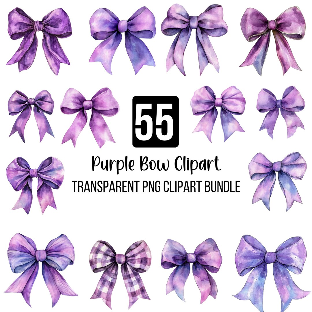 55 Watercolor Purple Bows Clipart PNG Bundle, Coquette Bow Clipart ...