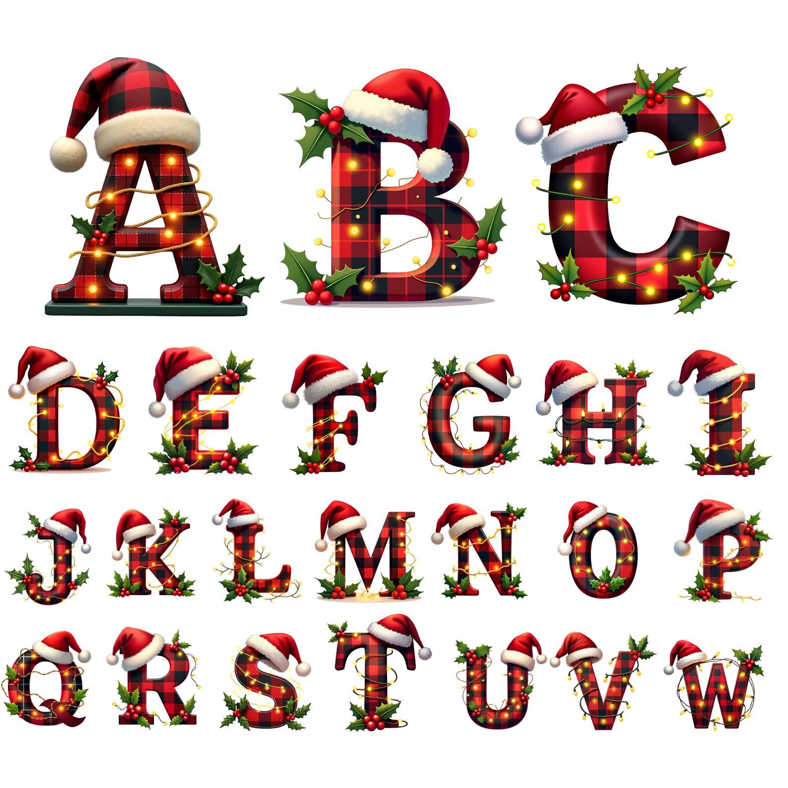 Christmas Alphabet PNG Bundle, Festive Christmas Letters With Lights ...