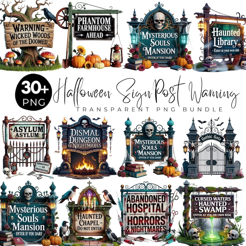 Halloween Signpost Clipart Bundle, Spooky Warning Signs PNG, Haunted ...
