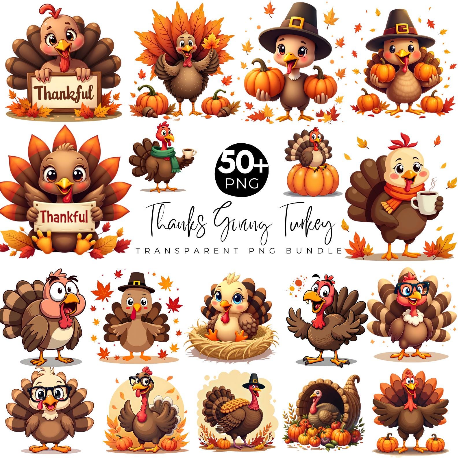 Happy Thanksgiving Clipart Bundle, Happy Turkey Day PNG, Fall Harvest ...