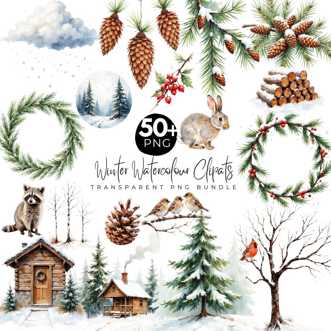 Winter Watercolor Clipart PNG Bundle, 50+ Winter Nature Elements ...